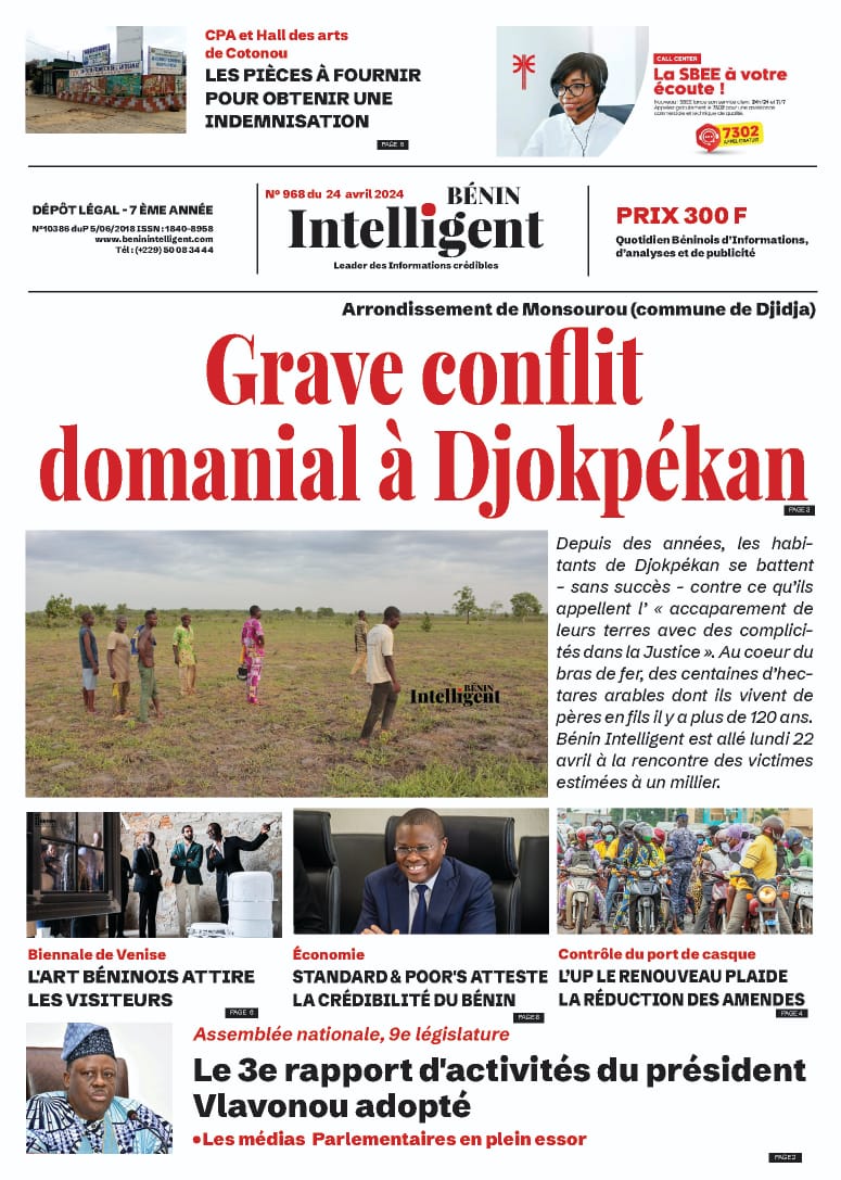 Une du journal Bénin Intelligent du 24 mars 2024